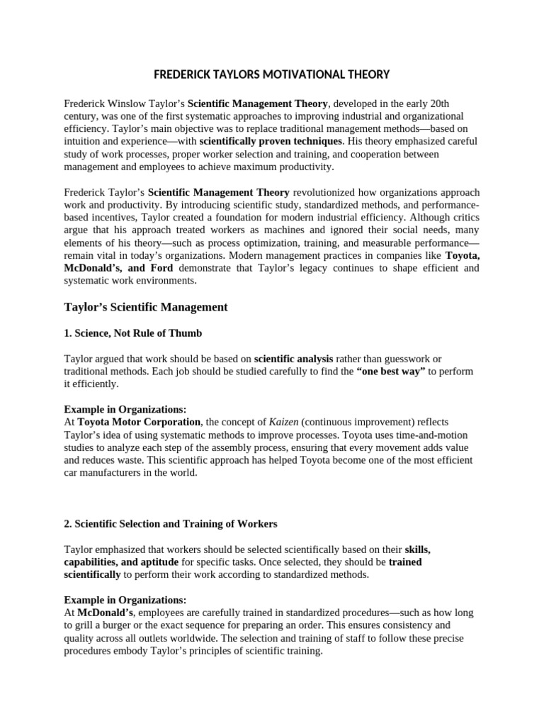 Frederick Taylors Motivational Theory | PDF | Business Economics ...