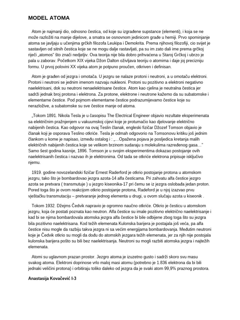 Referat1 - MODELI ATOMA | PDF