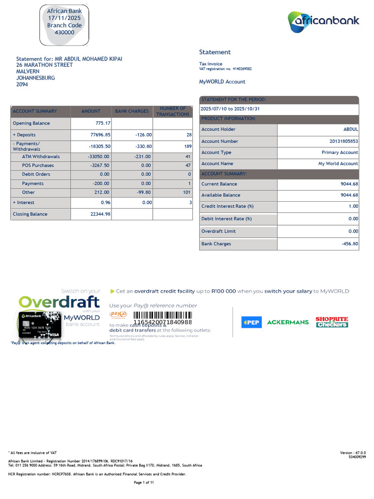 African Bank Statement Summary 2025 | PDF | Debit Card | Fee