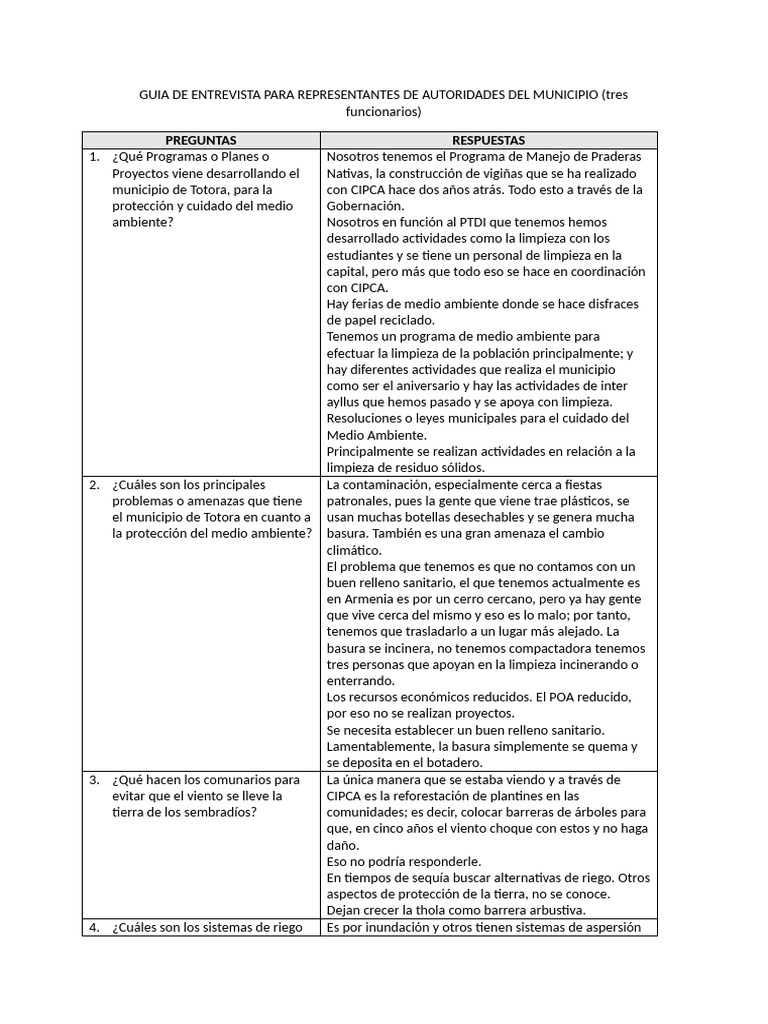 Resumen ENTREVISTA AUTORIDADES DEL MUNICIPIO | PDF | Residuos | Agua