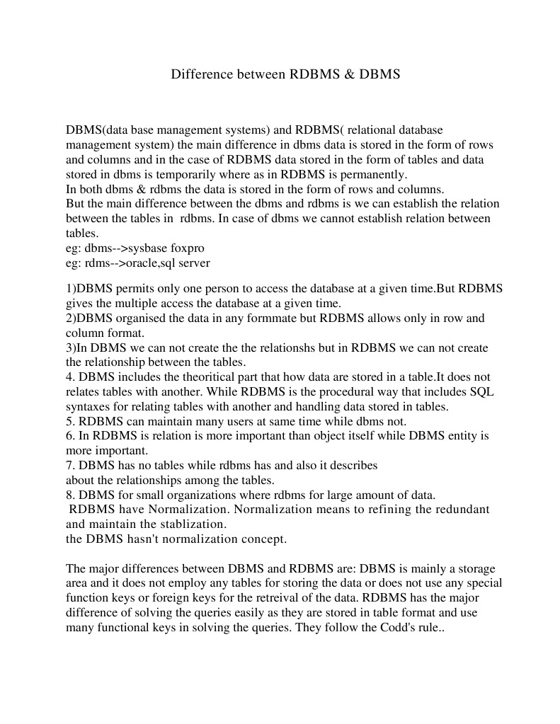 Difference Between RDBMS & DBMS | PDF | Databases | Relational Database