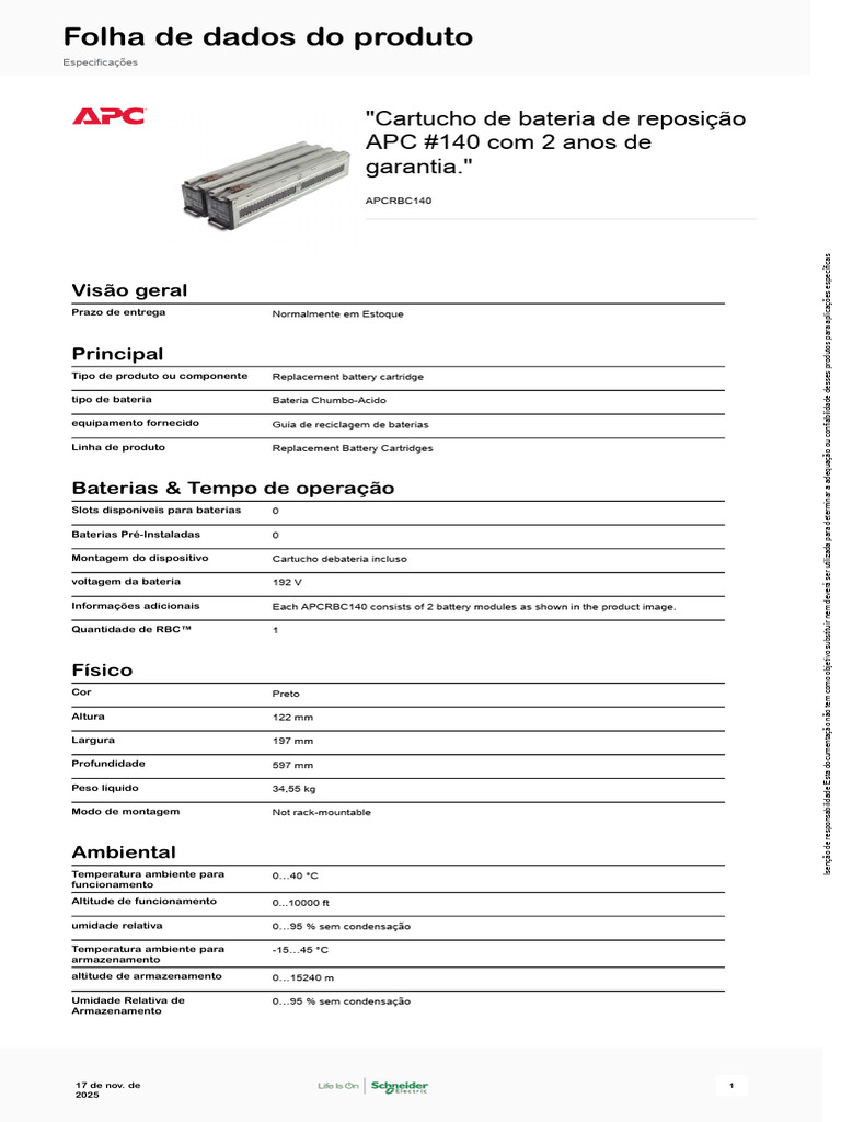 Cartucho de Bateria APC APCRBC140 | PDF | Ambiente natural