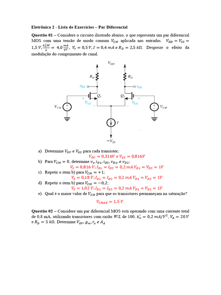 Lista de Exercicios 2 2025 - GABARITO | PDF | MOSFET | Rede elétrica