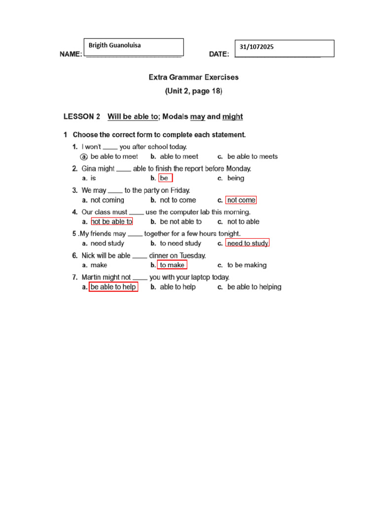 Guanoluisa Brigith Unit 2 Grammar Lesson 2 - b1 | PDF