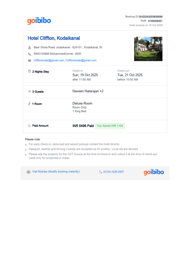 Kodaikanal Hotel Booking Confirmation | PDF