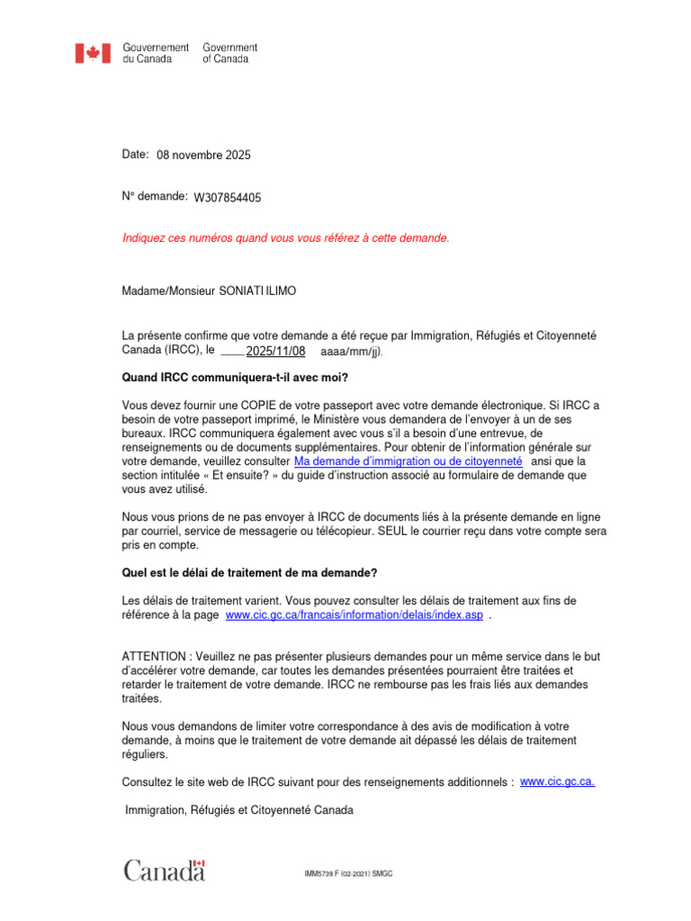 Confirmation de demande IRCC reçue | PDF