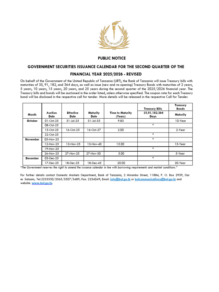 Tanzania Treasury Securities Calendar Q2 2025 | PDF | United States ...