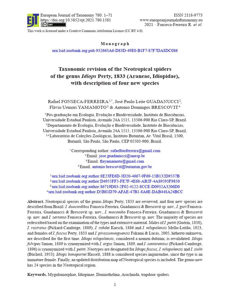 Taxonomic Revision of Idiops Spiders | PDF | Anatomical Terms Of Location
