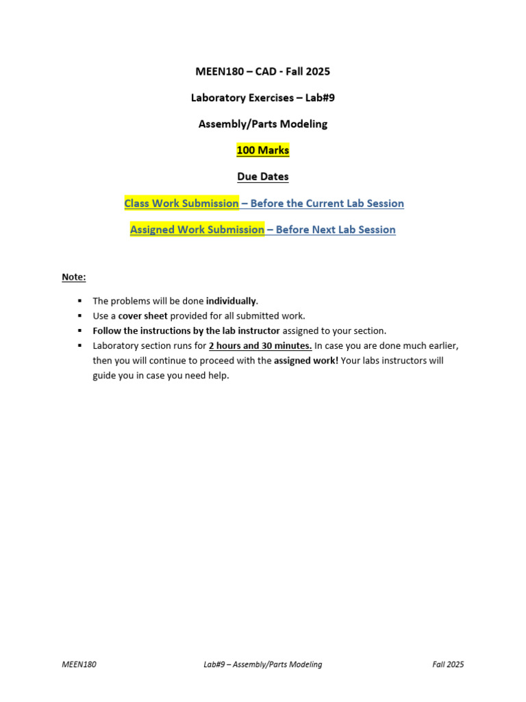 MEEN180 Lab 9: Assembly Modeling Guide | PDF
