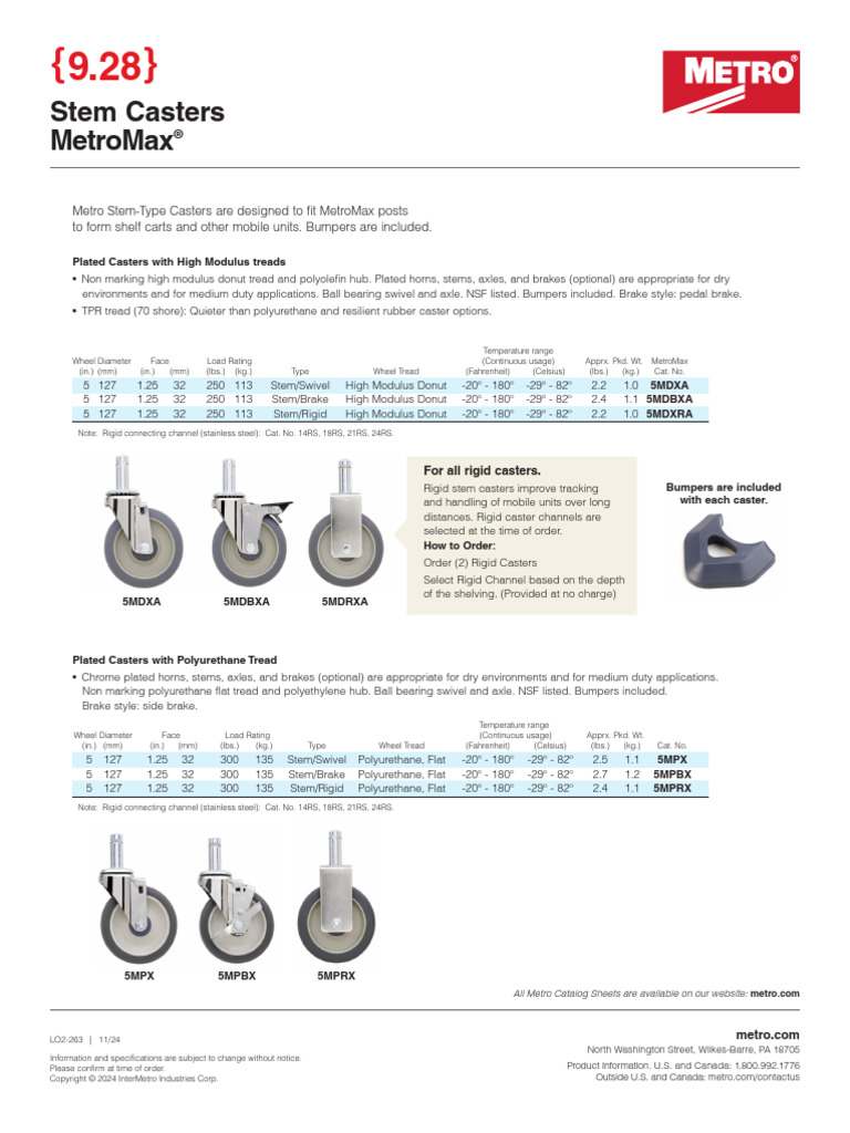 MetroMax Stem Casters Specifications | PDF | Materials