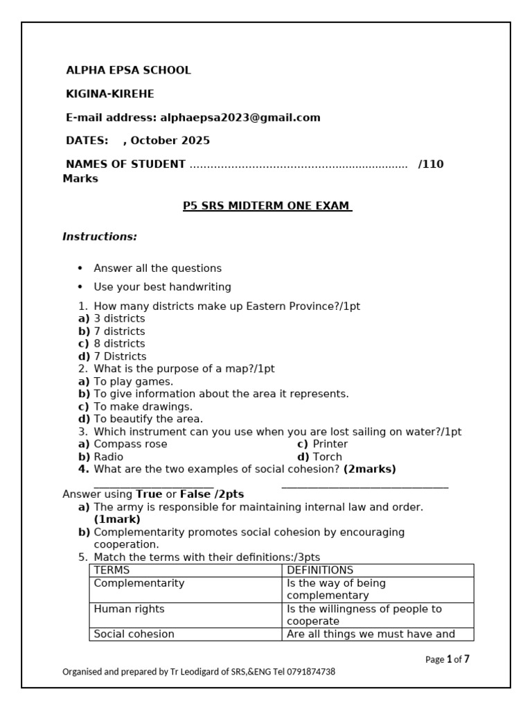 p5 Srs Term 1 Exam 2023 by Emmy | PDF | Rwanda
