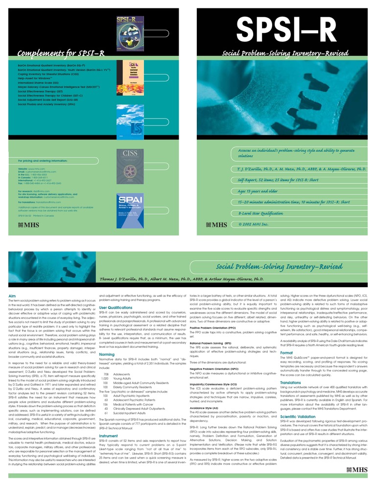 SPSI R Brochure | PDF | Impulsivity | Psychiatry