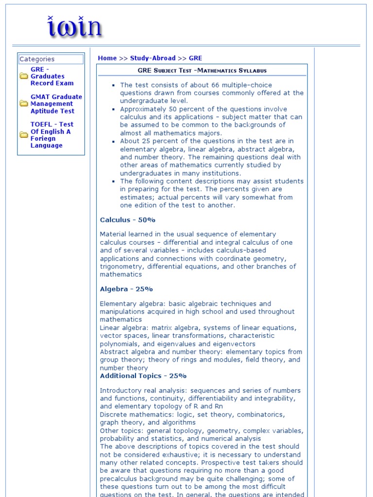 GRE Subject Test - Mathematics Syllabus | PDF | Graduate Record ...
