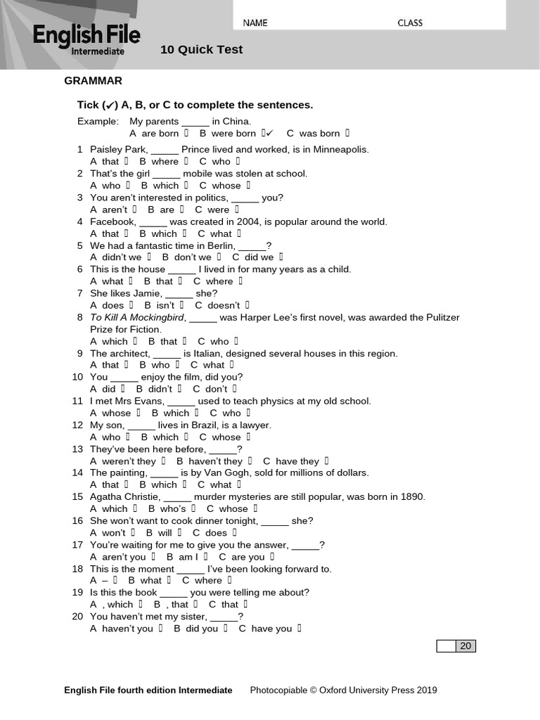 EF4e Int Quicktest 10 | PDF