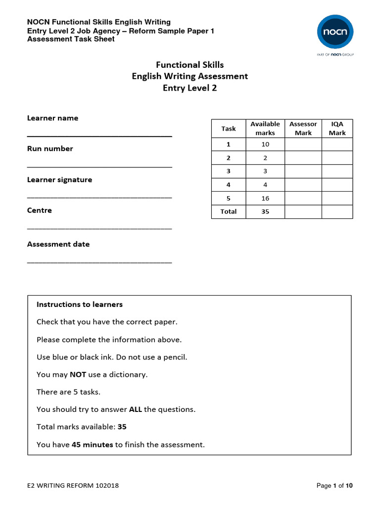 NOCN Functional Skills English Writing Entry Level 2 Sample Paper 1 Question Paper | PDF