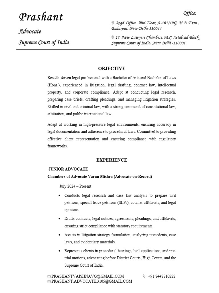 prashant resume supreme court on letterhead | PDF | Advocate | Alternative Dispute Resolution