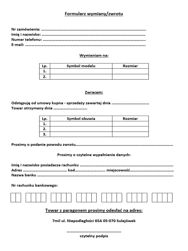Formularz Zwrotu Wymiany | PDF