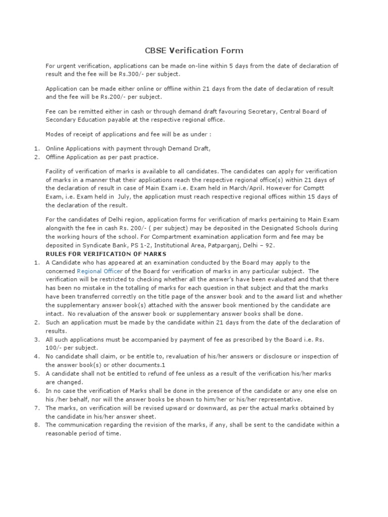 Guidelines for Applying for CBSE Mark Verification and Rules for the ...
