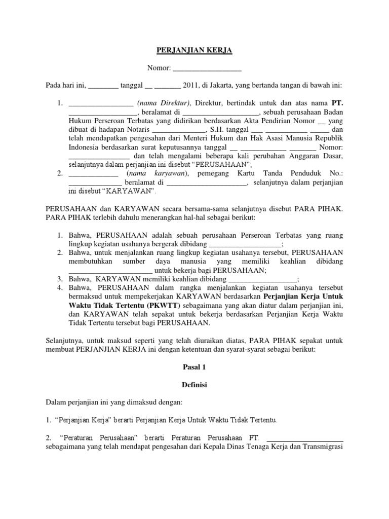 Template Perjanjian Kerja Untuk Waktu Tidak Tertentu - PKWTT | PDF