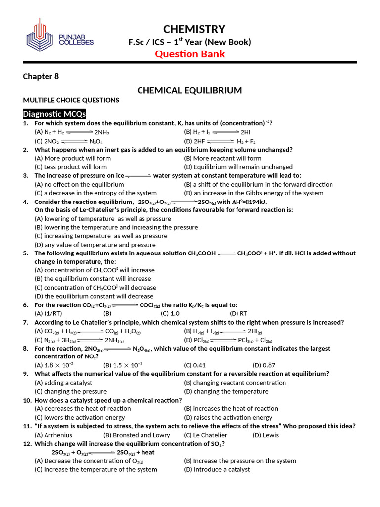 Ch 8 (Chemical Equilibrium) Chem-I New Book | PDF | Chemical Equilibrium | Chemical Reactions