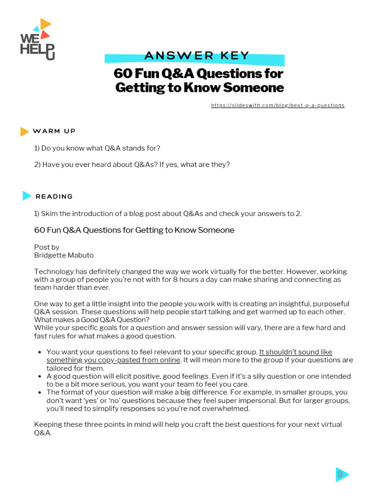 WeHelpU - Advanced - 60 Fun Q&A Questions For Getting To Know Someone ...