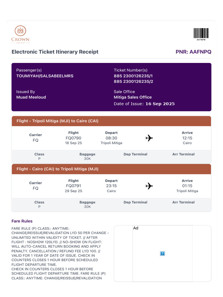 Your Fly Crown Booking Reference AAFNPQ | PDF | Fee | Public Transport