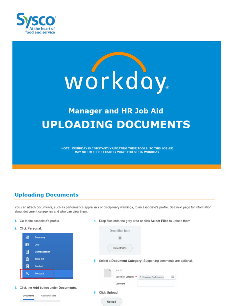 Sysco Workday Manager and HR Job Aid - Uploading Documents | PDF