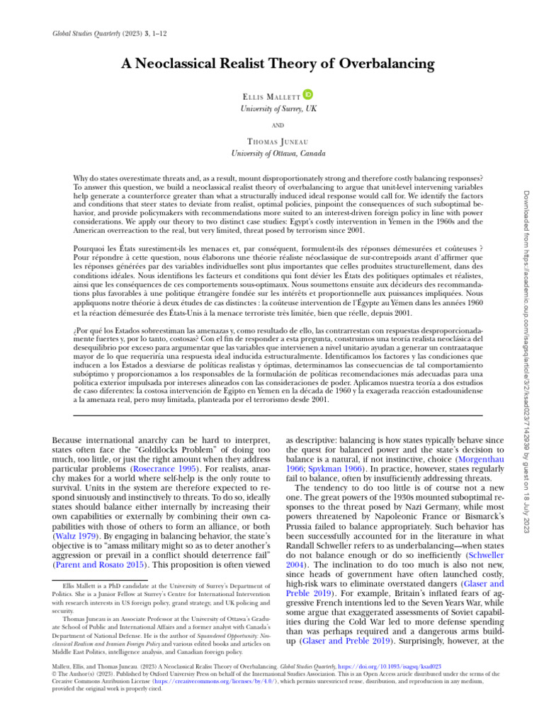 Neoclassical Realism and Overbalancing Theory | PDF | Policy | Theory