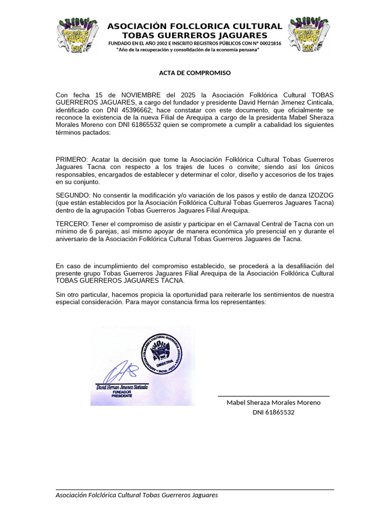 Acta de Compromiso Filial Arequipa | PDF