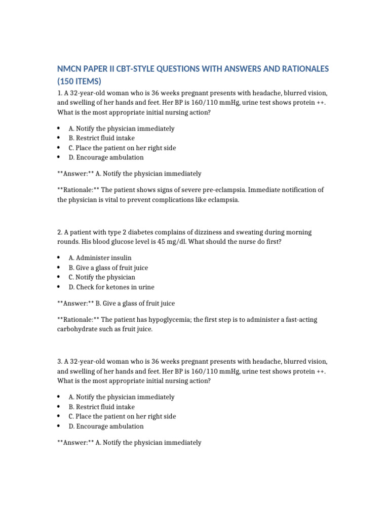 NMCN Paper II CBT Questions 150 | PDF | Hypoglycemia | Diabetes