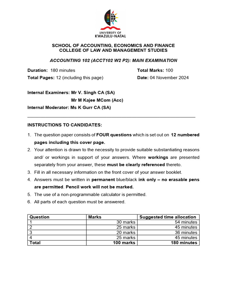 ACCT 102 Main Exam Question | PDF | Working Capital | Retained Earnings