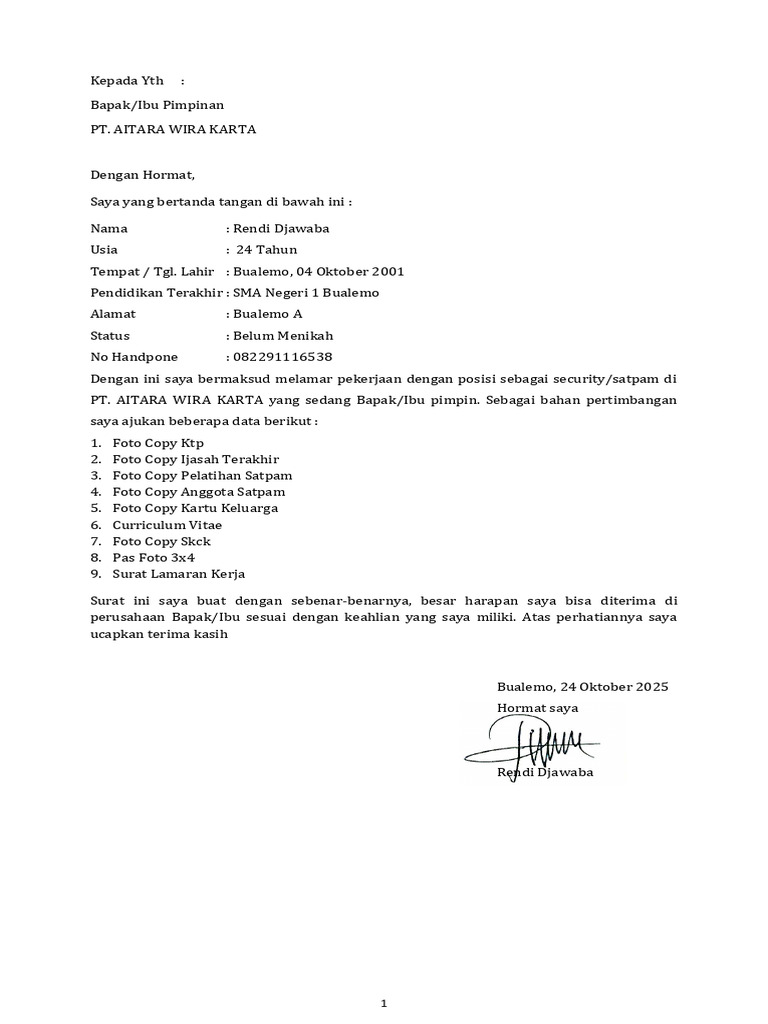 Surat Lamaran Pt. Aitara Wira Karta | PDF