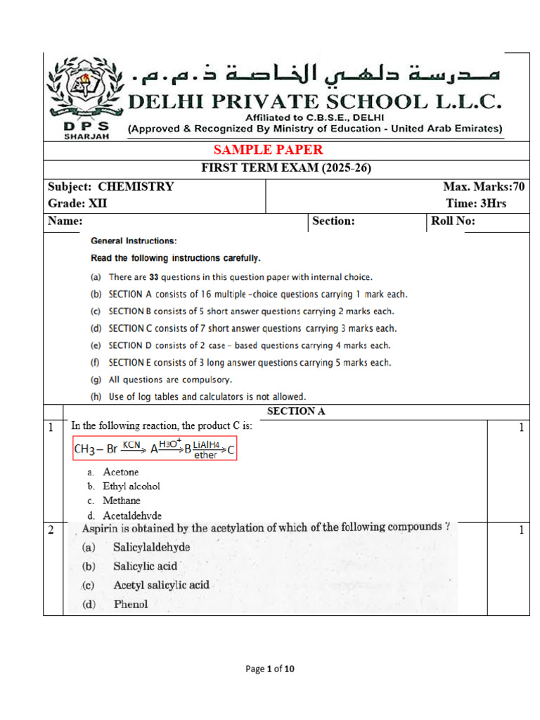 Grade XII Chemistry Sample Paper | PDF | Amine | Chemical Compounds