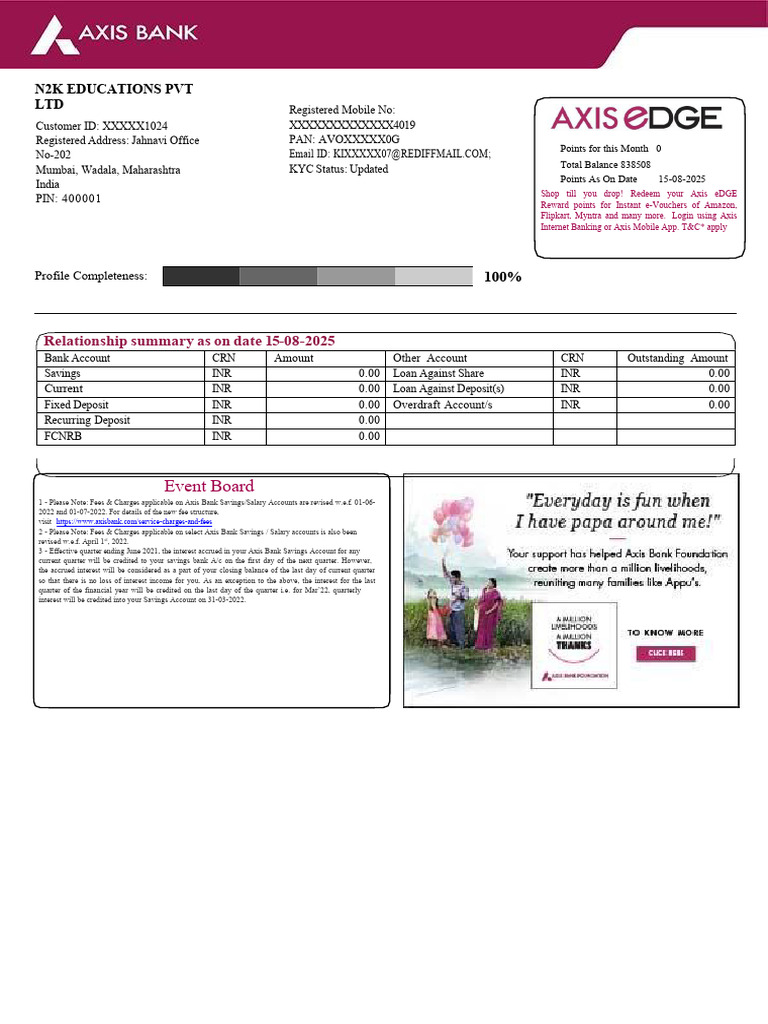 Axis Bank Fees and Charges Update | PDF | Banks | Debit Card