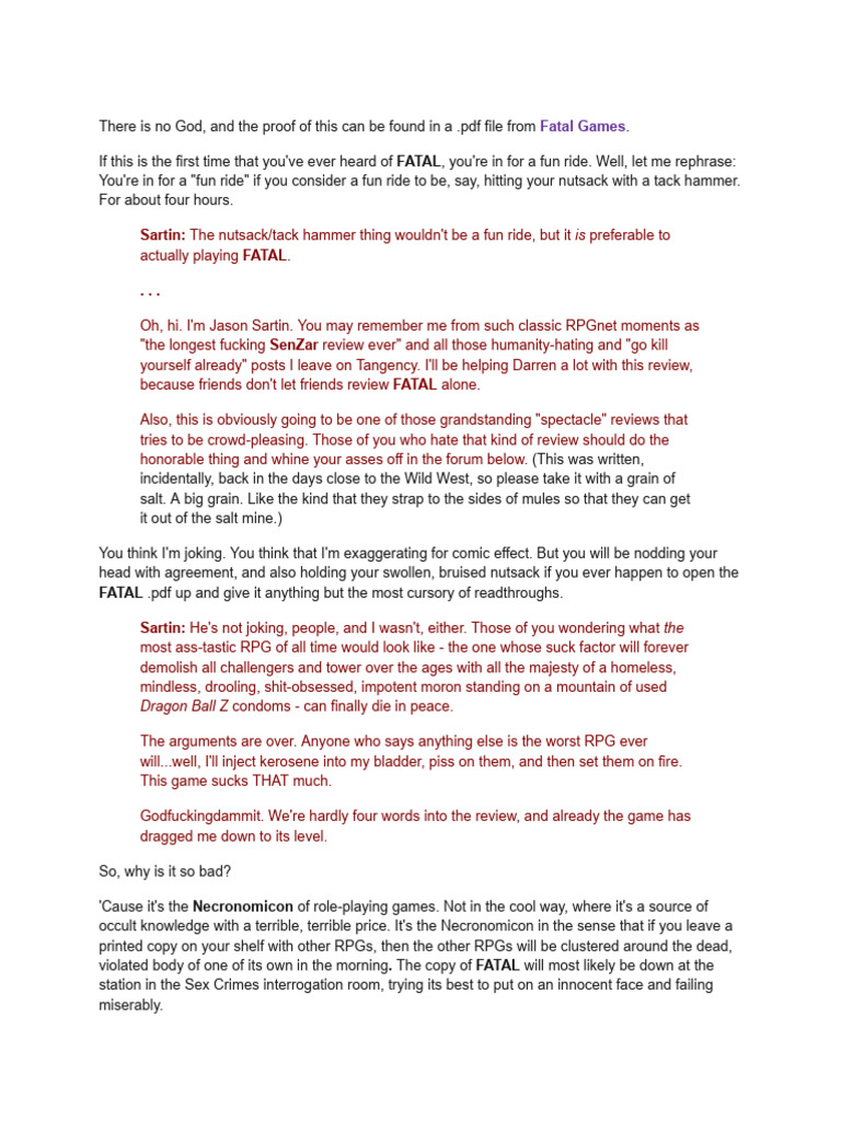 RPGnet FATAL Review by Darren MacLennan & Jason Sartin | PDF | Vampires