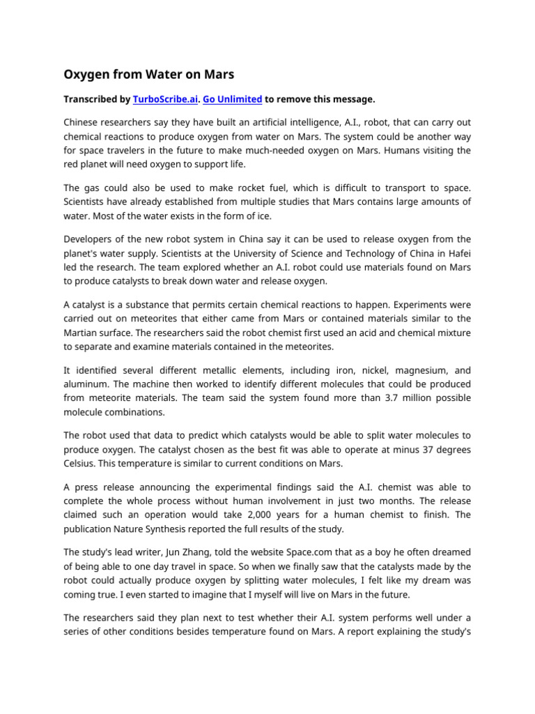 Oxygen From Water on Mars | PDF | Mars | Chemical Substances