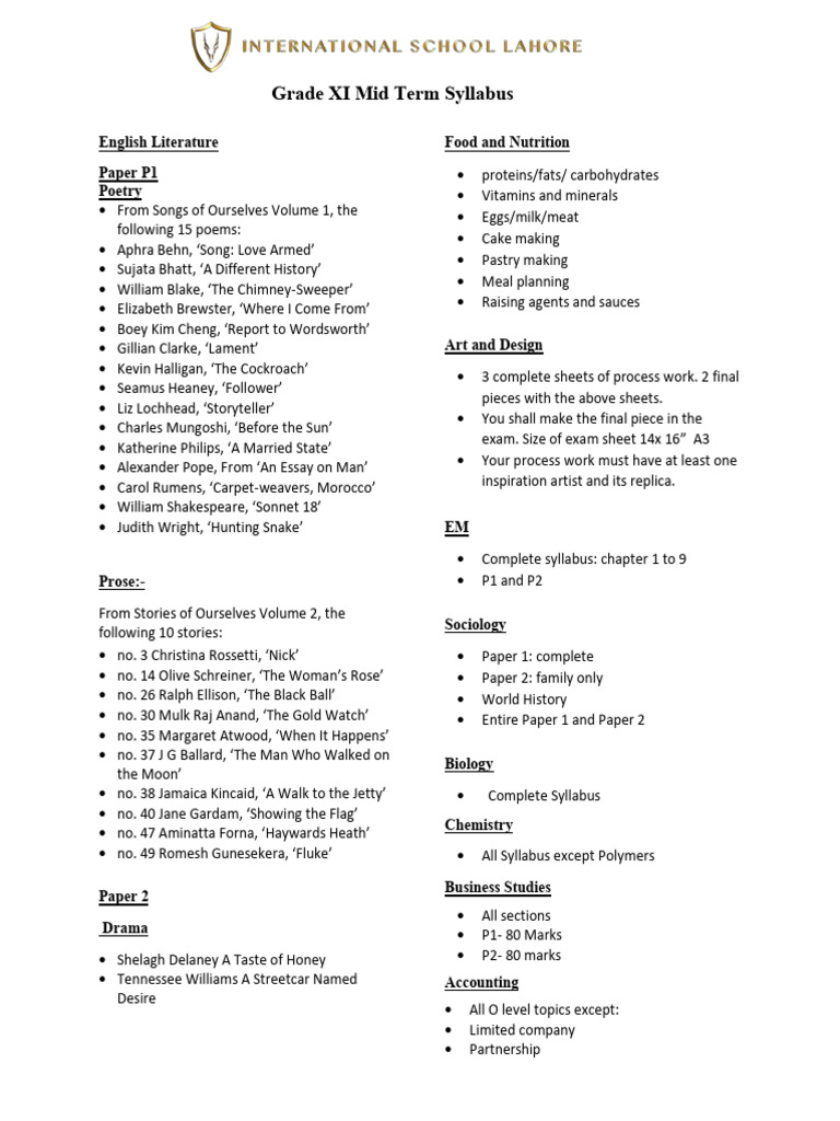 Grade XI Mid Term Syllabus | PDF