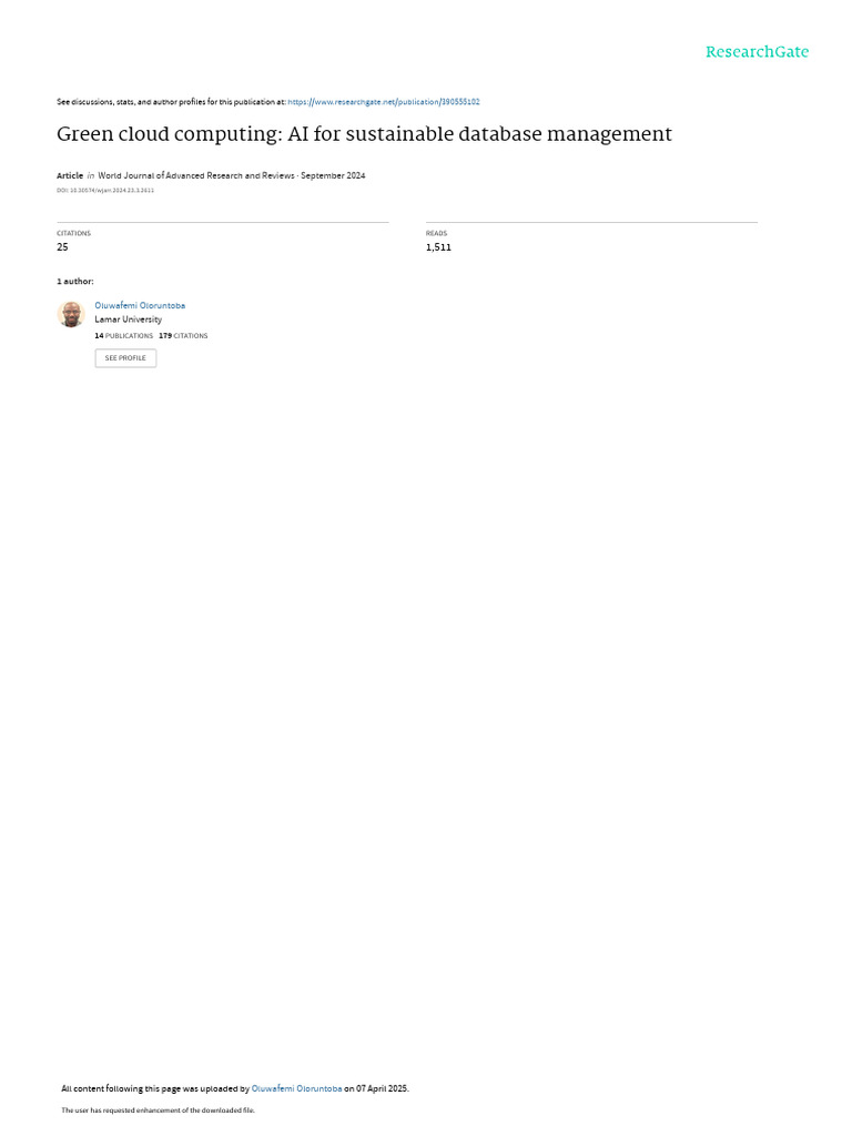 Green Cloud Computing: AI For Sustainable Database Management | PDF | Cloud Computing ...