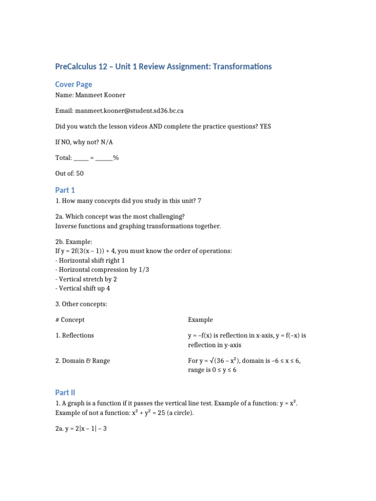 PreCalculus 12 Unit 1 Transformations Completed | PDF | Function ...