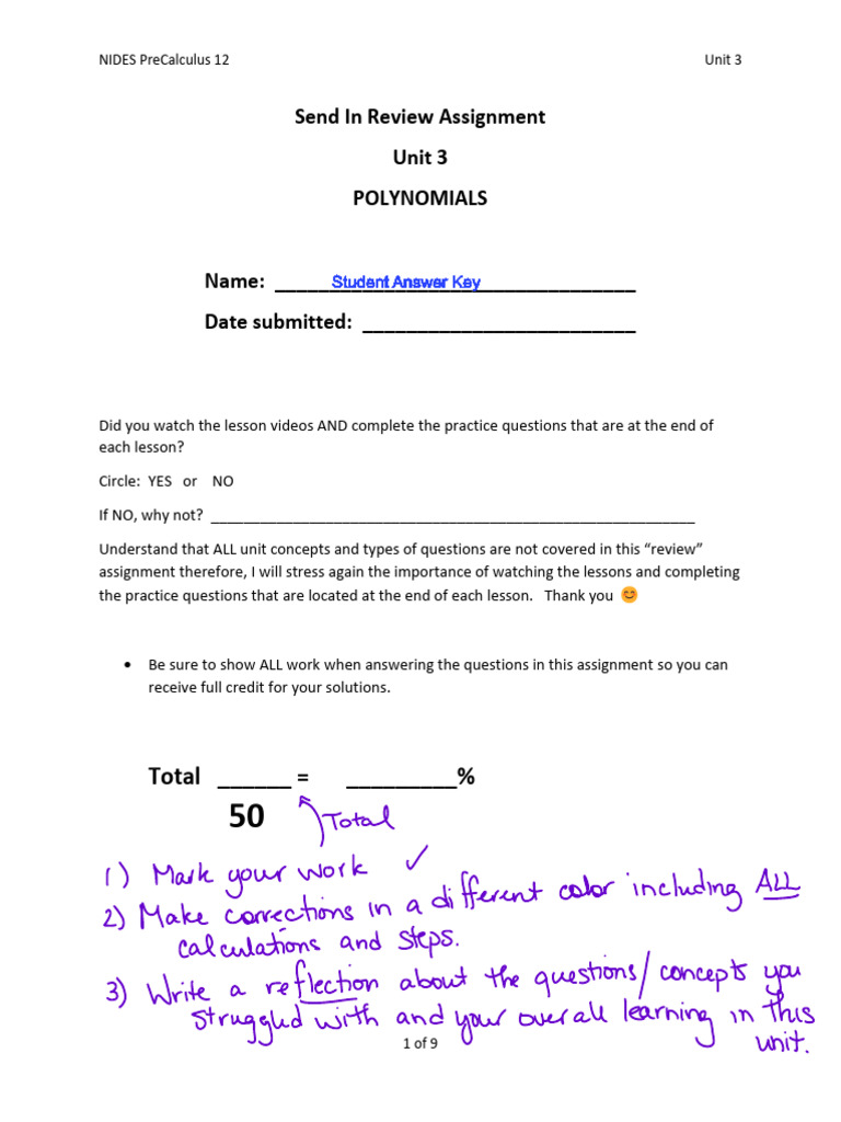 PC12 Unit 3 Polynomials Review Student Key 2025 | PDF | Polynomial ...