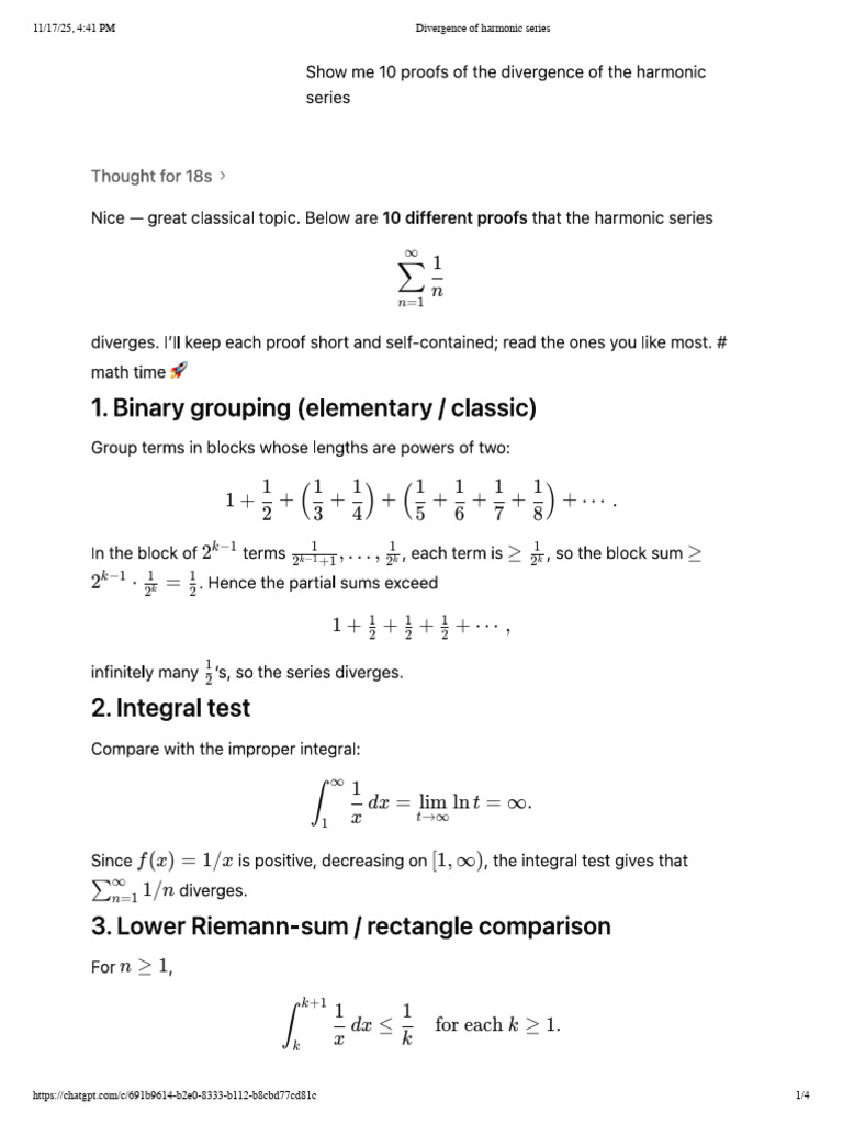 Divergence of Harmonic Series | PDF