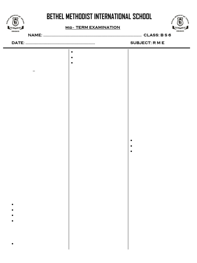 RME Mid-Term Exam for Class B S 6 | PDF | Prayer | God