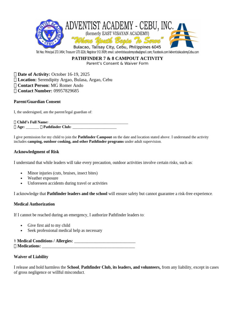 Pathfinder Campout Consent Form 2025 | PDF