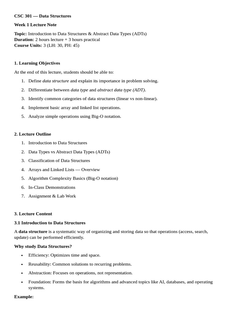 CSC 301 Data Structures Lecture 1 | PDF | Time Complexity | Queue (Abstract Data Type)