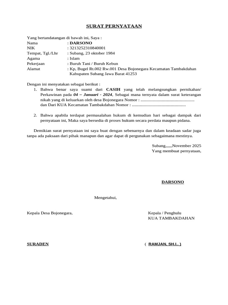Surat Pernyataan Pernikahan Darsono dan Casih | PDF