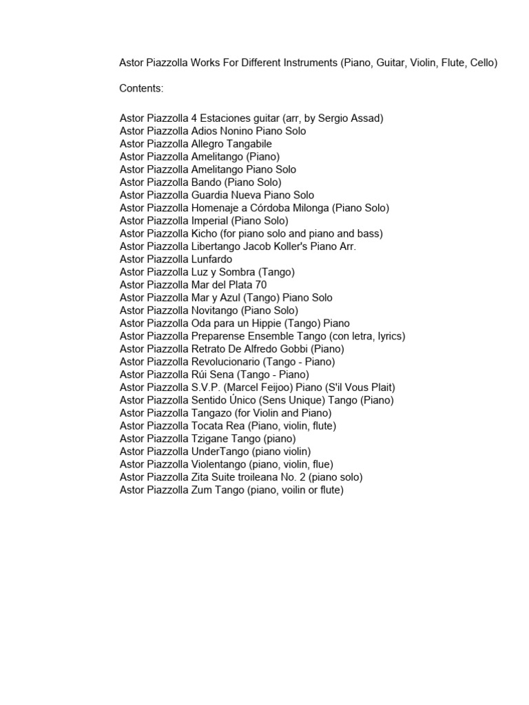 Astor Piazzolla Works for Different Instruments (Piano, Guitar, Violin, Flute, Cello) | PDF