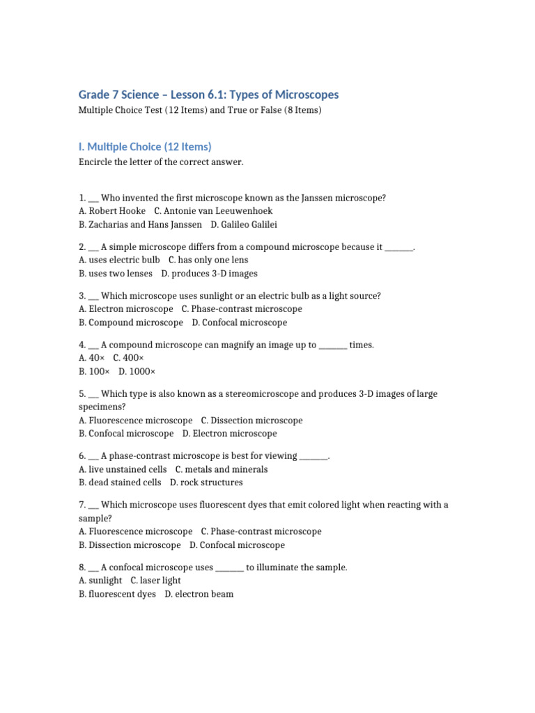 Grade7_Science_Types_of_Microscope_Test | PDF | Microscope | Microscopy