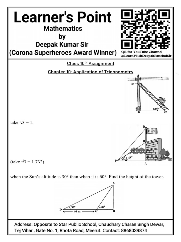 Trigonometry Applications for Class 10 | PDF | Height | Tower