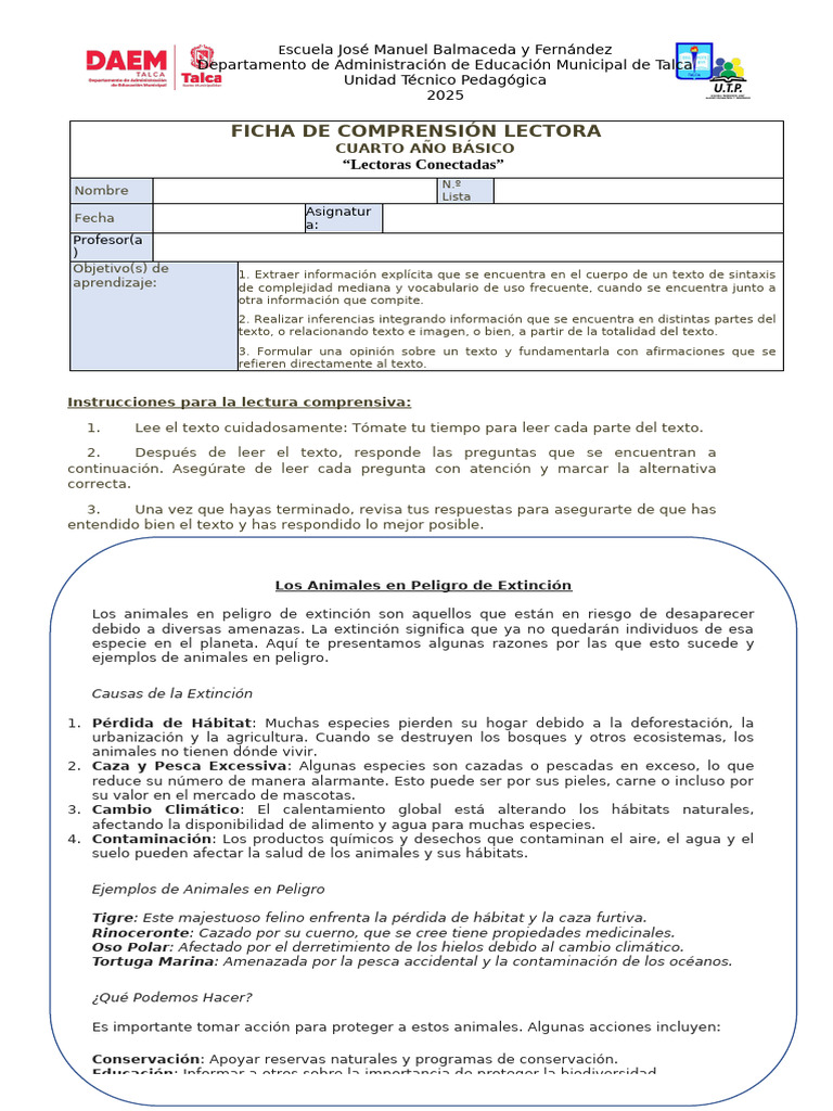 Comprensión Lectora: Animales en Peligro | PDF | Especie en peligro ...