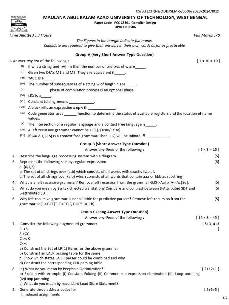 Btech Cse 5 Sem Compiler Design Pcc Cs501 2024 | PDF | Parsing | Software Engineering